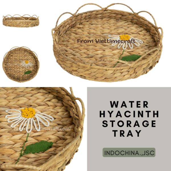 Scalloped Water Hyacinth Storage Tray with Embroidered Daisy
